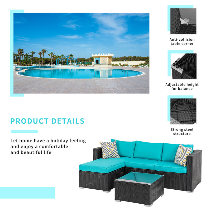 Harbaugh 3 Piece Rattan Sectional Seating Group with Cushions Blue